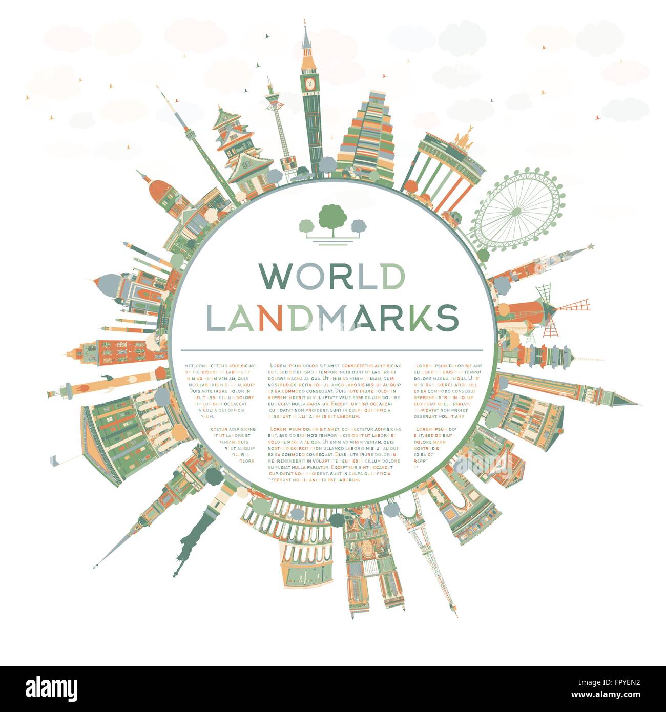 Abstract travel concept around the world with famous international ...