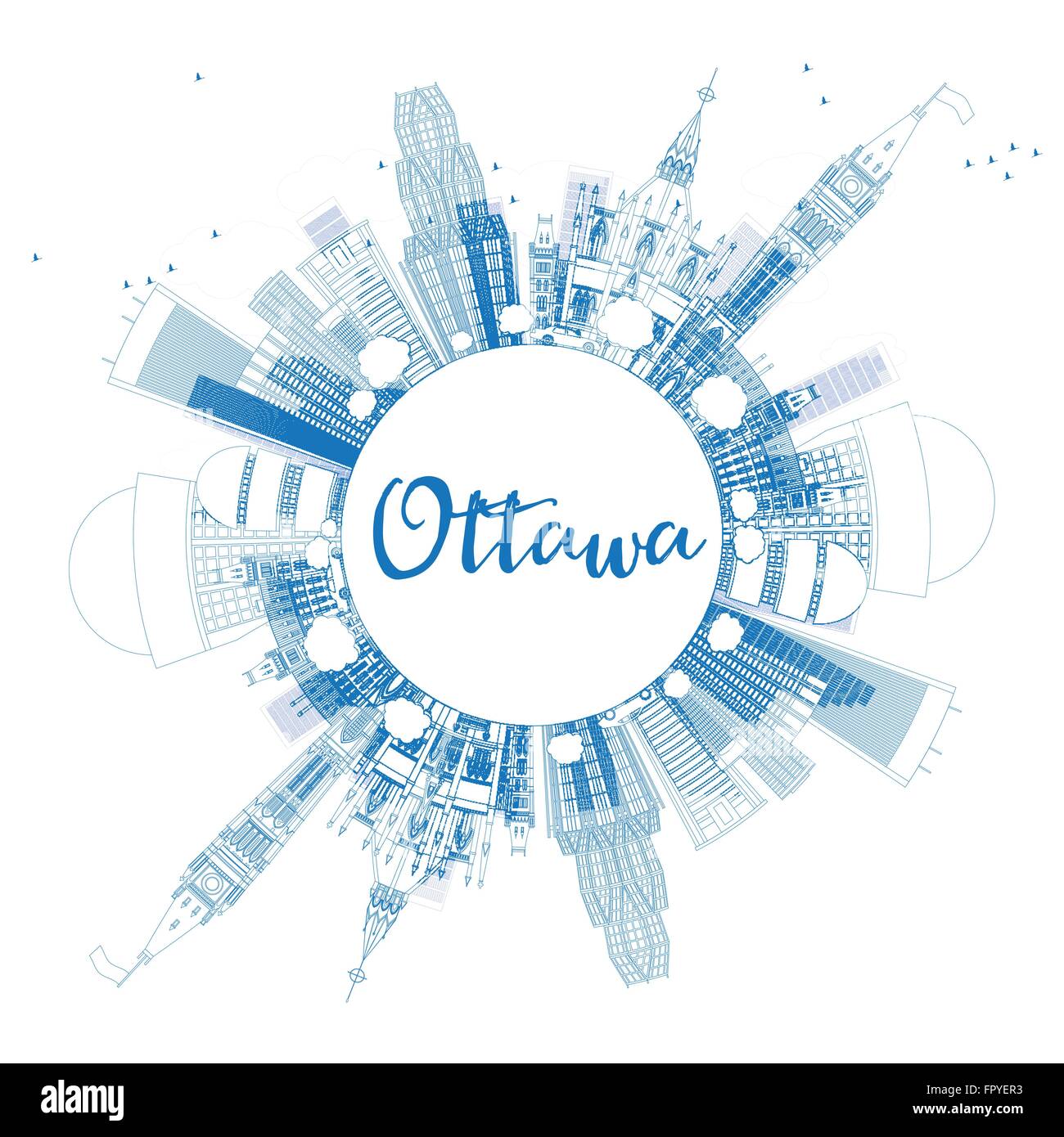 Outline Ottawa Skyline with Blue Buildings and Copy Space. Vector ...