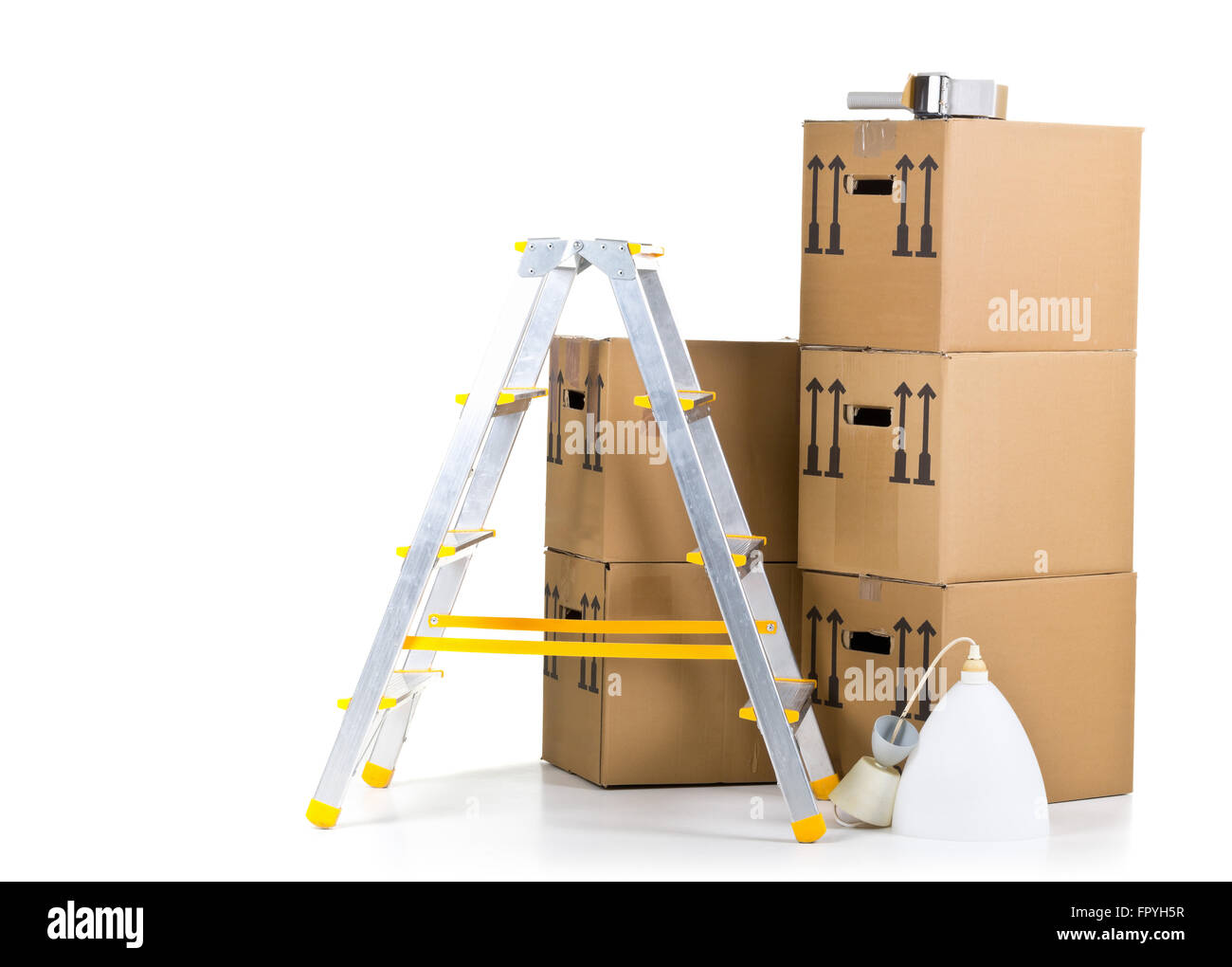Ladder with stack of moving carton boxes over white background Stock ...
