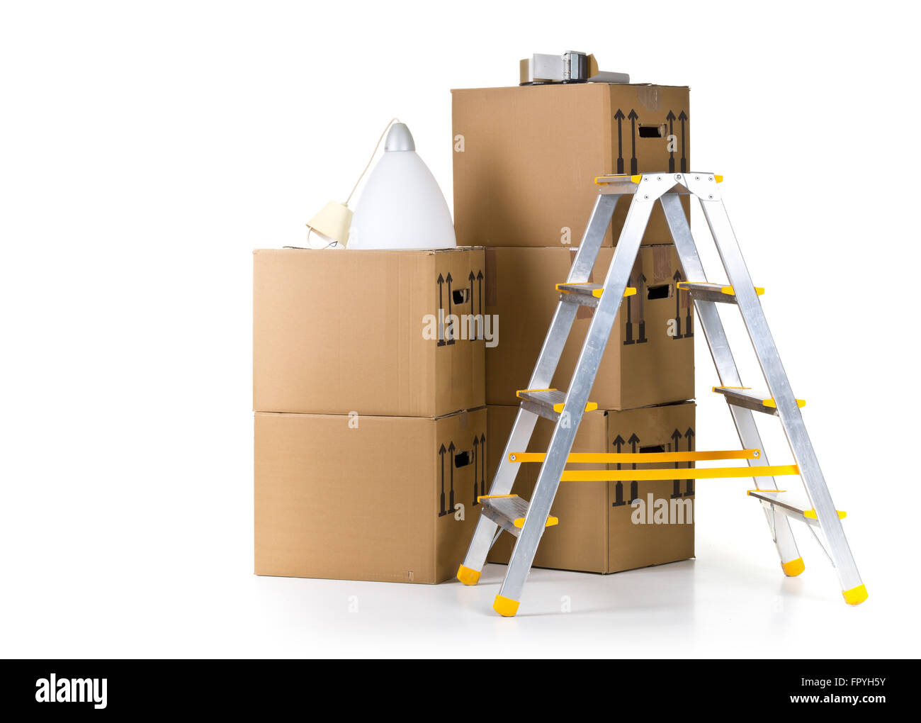 Ladder with stack of moving carton boxes over white background Stock ...
