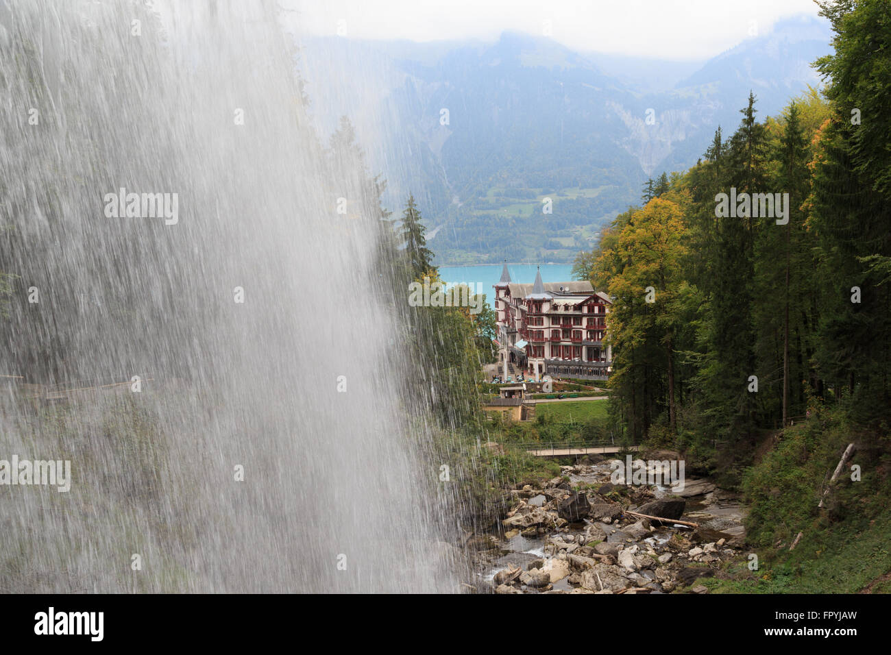 A photograph of the Grand Hotel Giessbach as seen from behind the ...