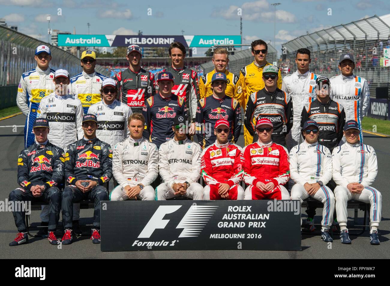 Melbourne, Australia. 20th Mar, 2016. Formula One drivers pose for a ...
