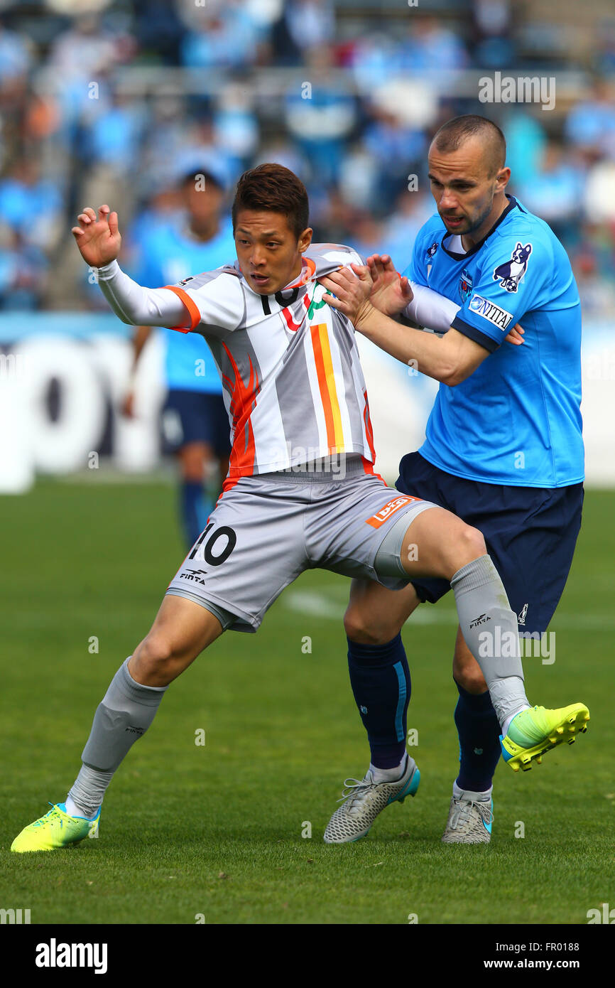 (L-R) Yoshihiro Shoji (Renofa), Denis Halilovic (Yokohama FC), MARCH 20 ...