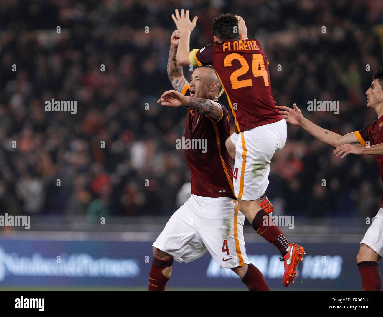Rome, Italy. 19th Mar, 2016. RomaÕs Radja Nainggolan, left, celebrates ...