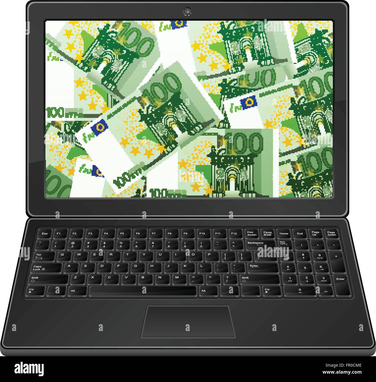 Laptop with one hundred euro banknotes on a white background Stock ...