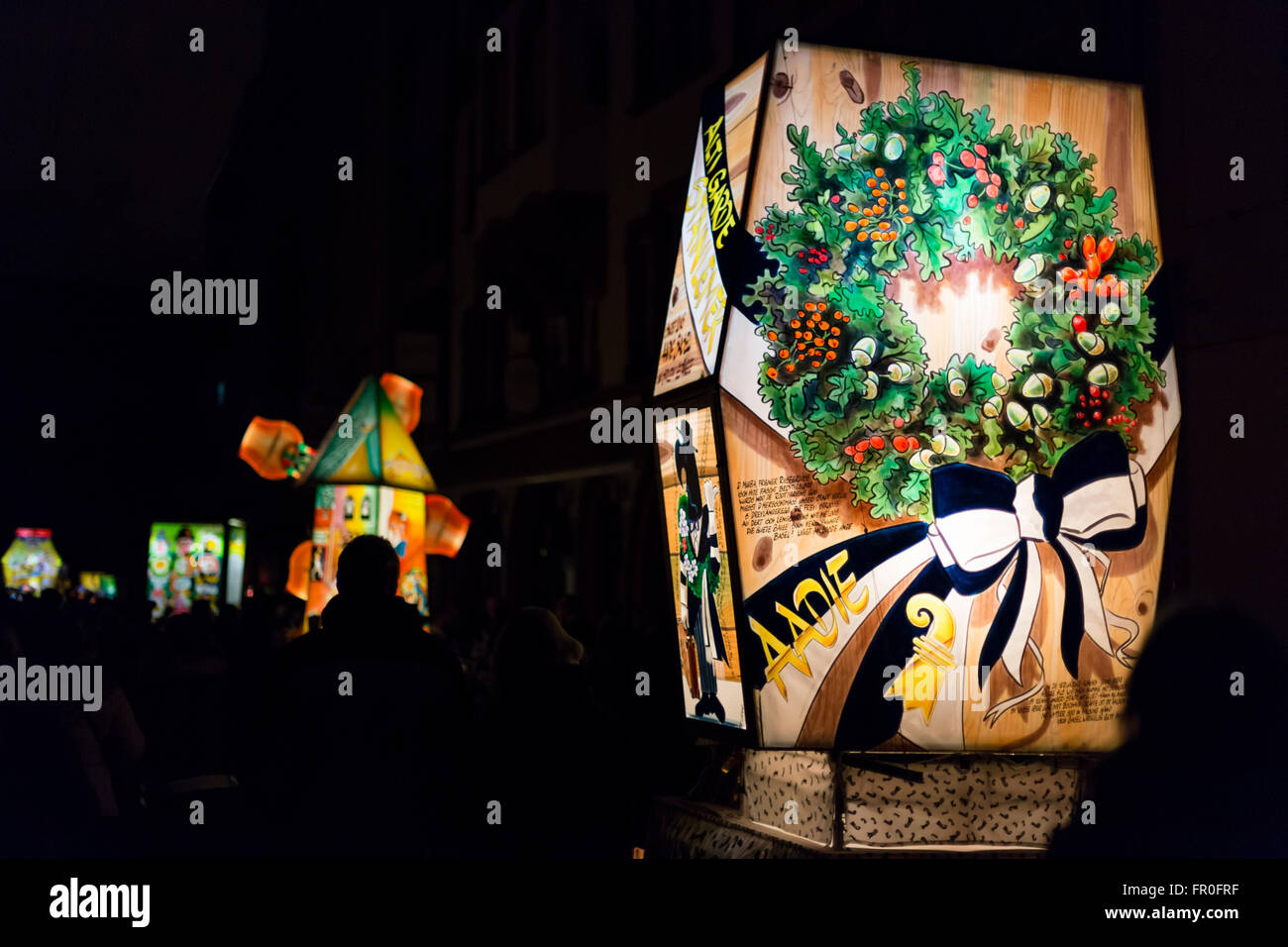 One of the main lanterns of a Basel carnival group, illuminated during ...
