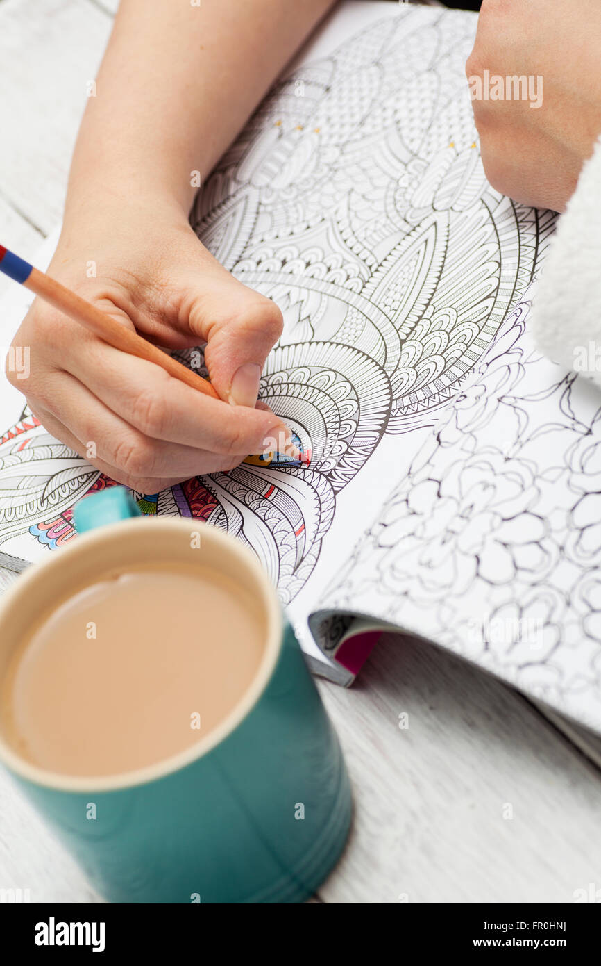 Person coloring in an adult coloring book with colorful pencil crayons ...