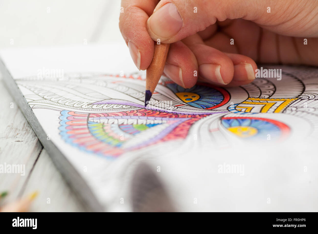 Person coloring in an adult coloring book with colorful pencil crayons ...