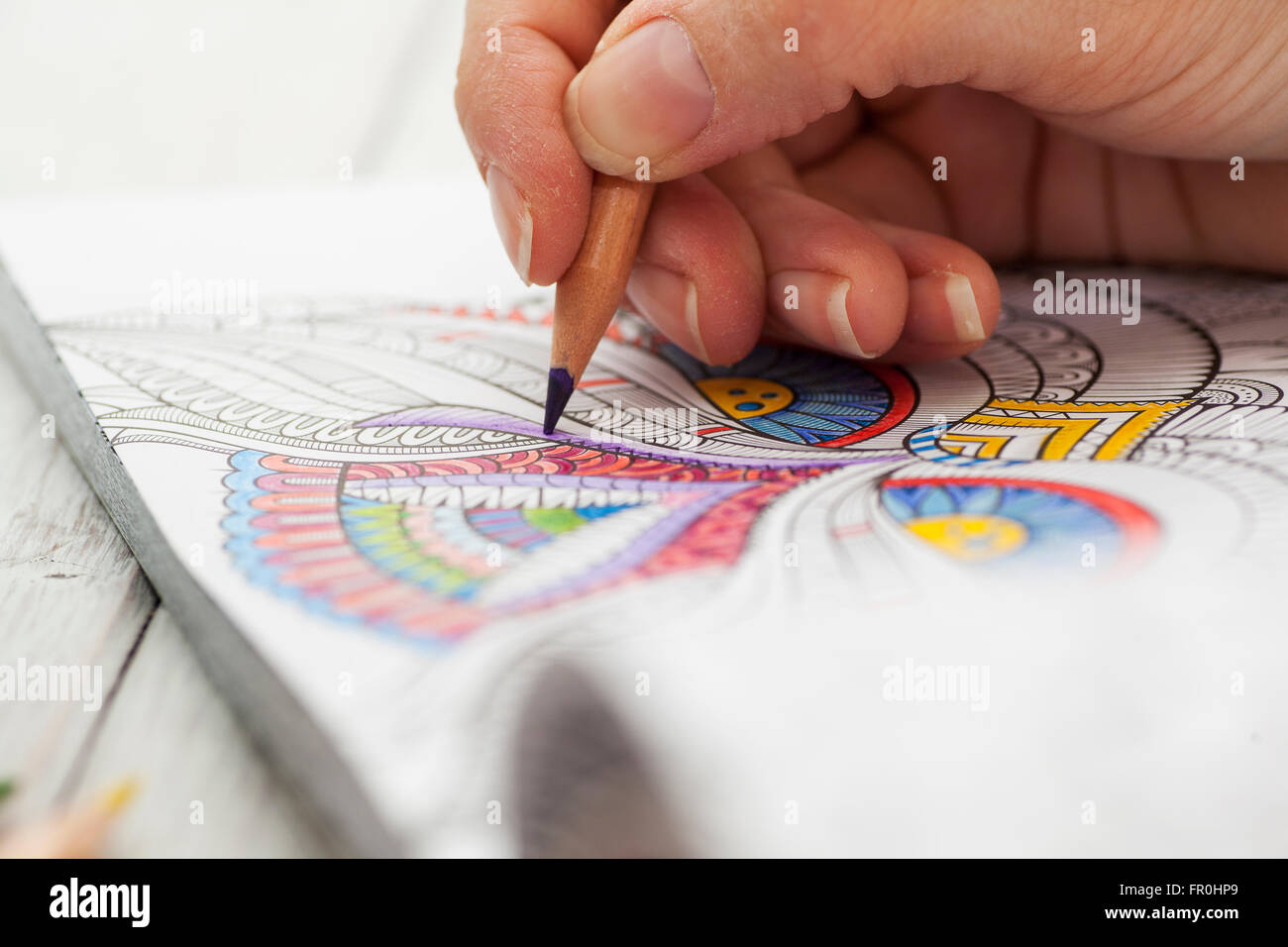 Person coloring in an adult coloring book with colorful pencil crayons ...