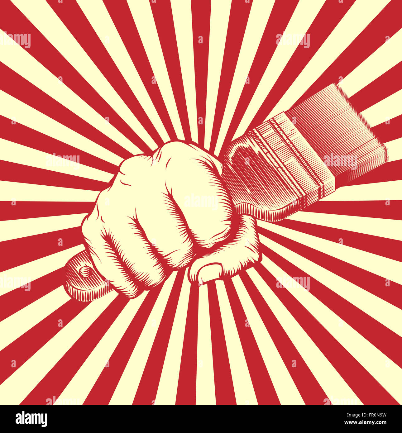 A hand in a fist holding a paintbrush in vintage propaganda poster ...