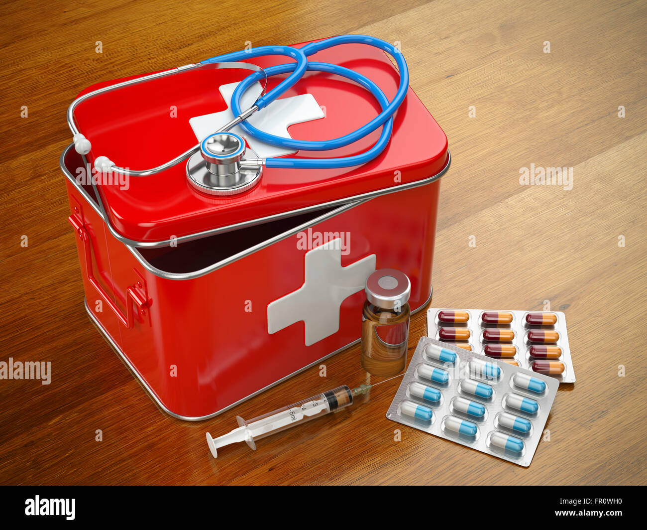 First aid kit with stethoscope, pills and syringe on the table. 3d ...