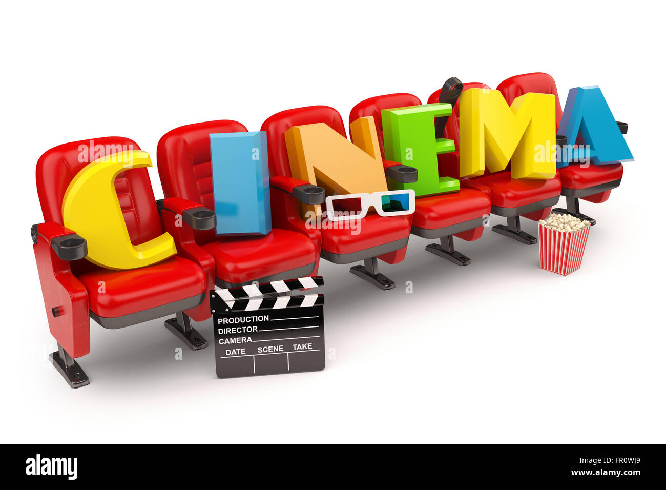 Cinema, movie or video concept. Row of seats with popcorm, glasses and ...