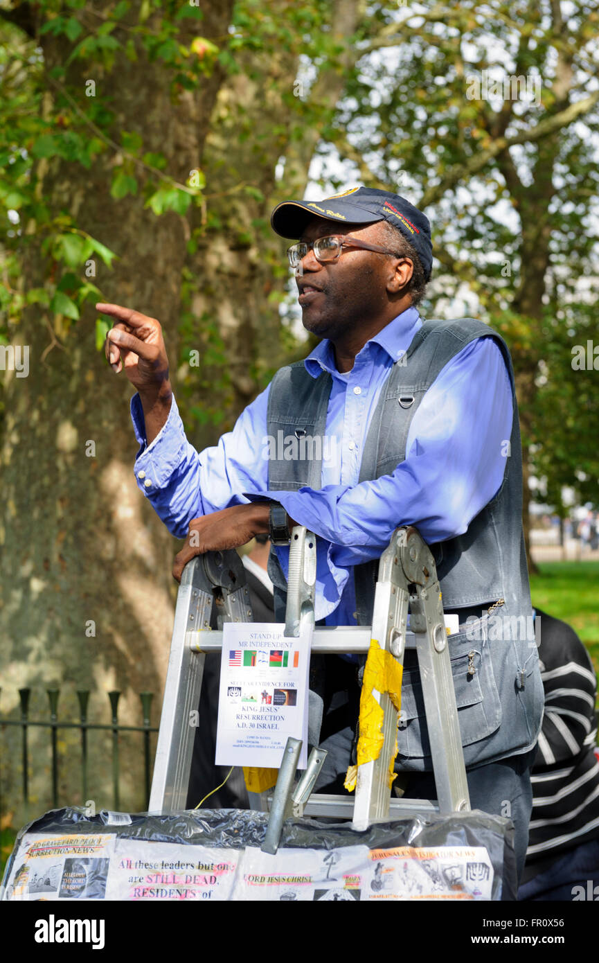 A black man addressing the crowd at Speakers' Corner in Hyde Park ...