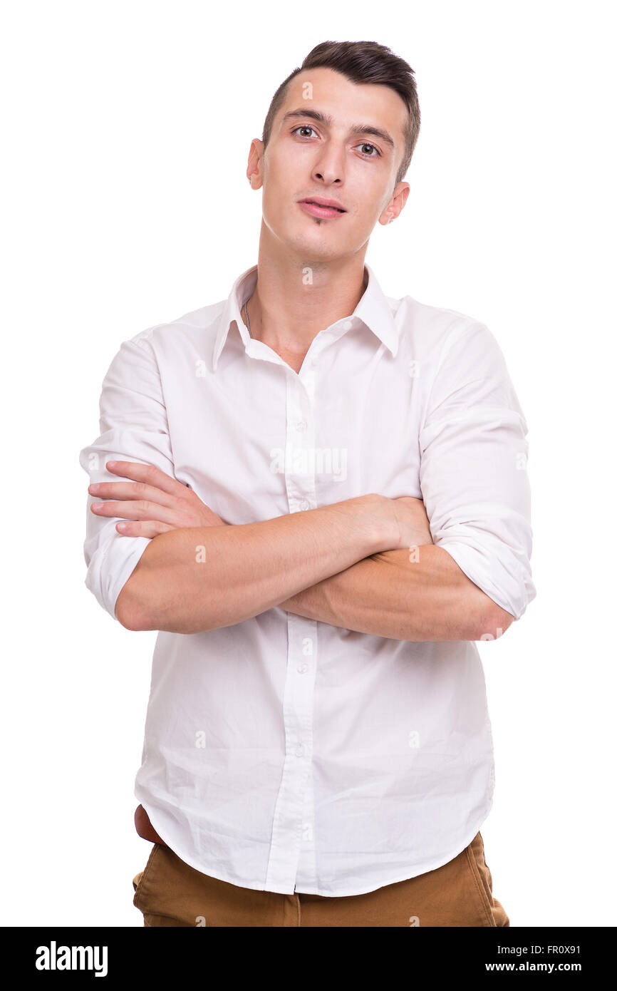 Thinking man isolated on white background. Closeup portrait of a casual ...