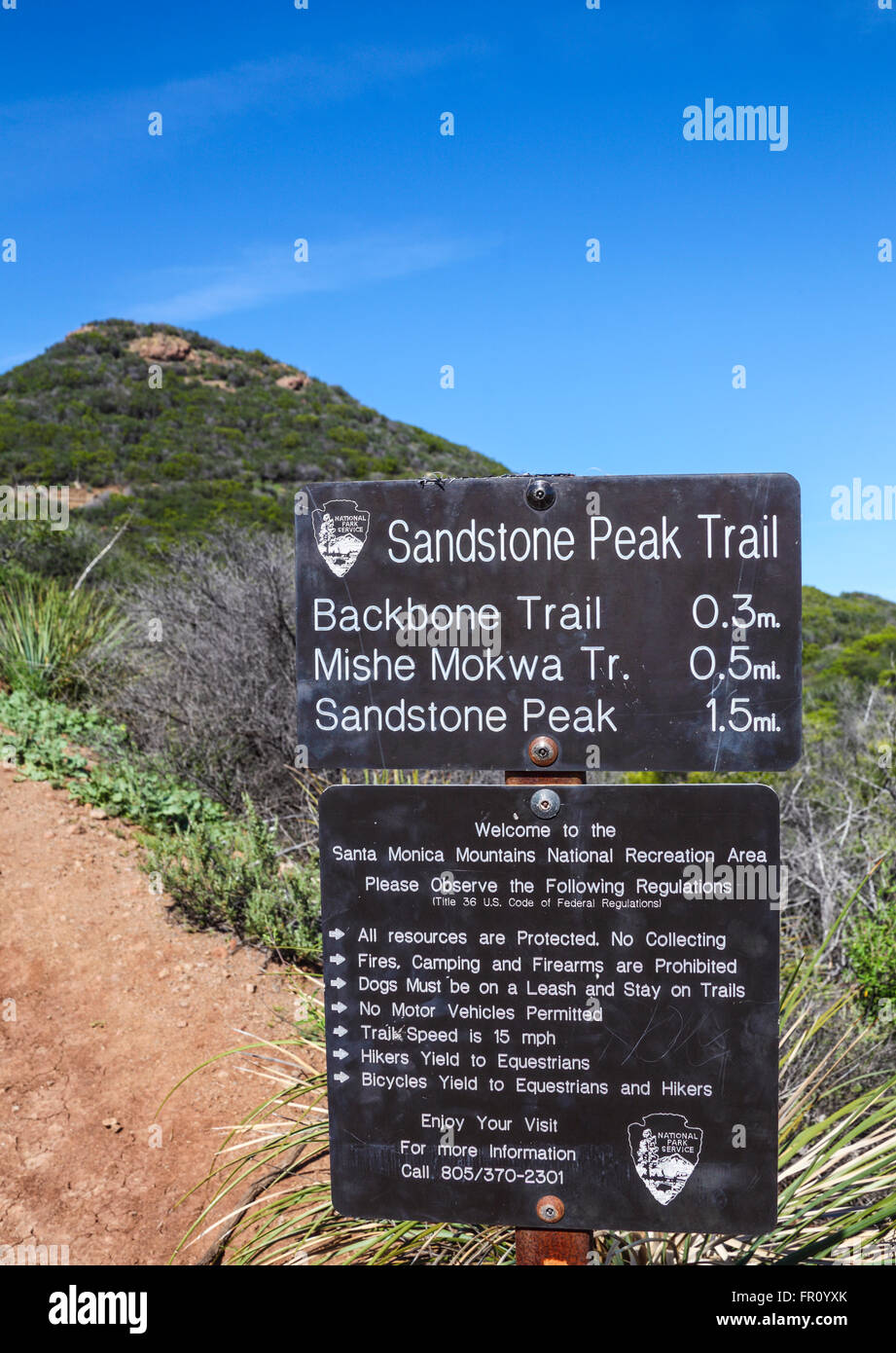 Trail marker for the Sandstone Peak Trail at Circle X Ranch Stock Photo ...