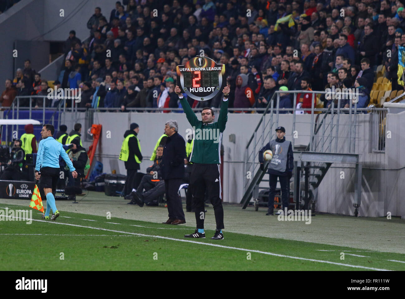 Assistant referee show an indicator board with additional time Stock ...