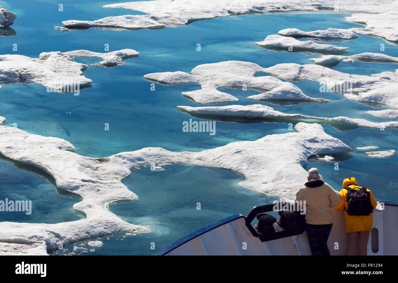 Cruise ship sailing through floating ice on Bering Sea, Russia Far East ...