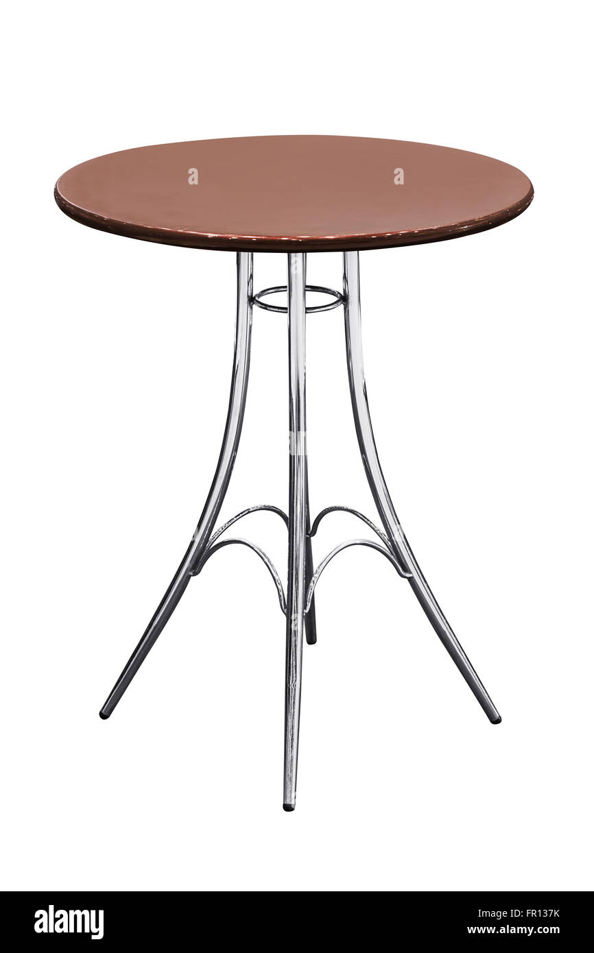 Wooden table with stainless steel legs isolated on white background ...