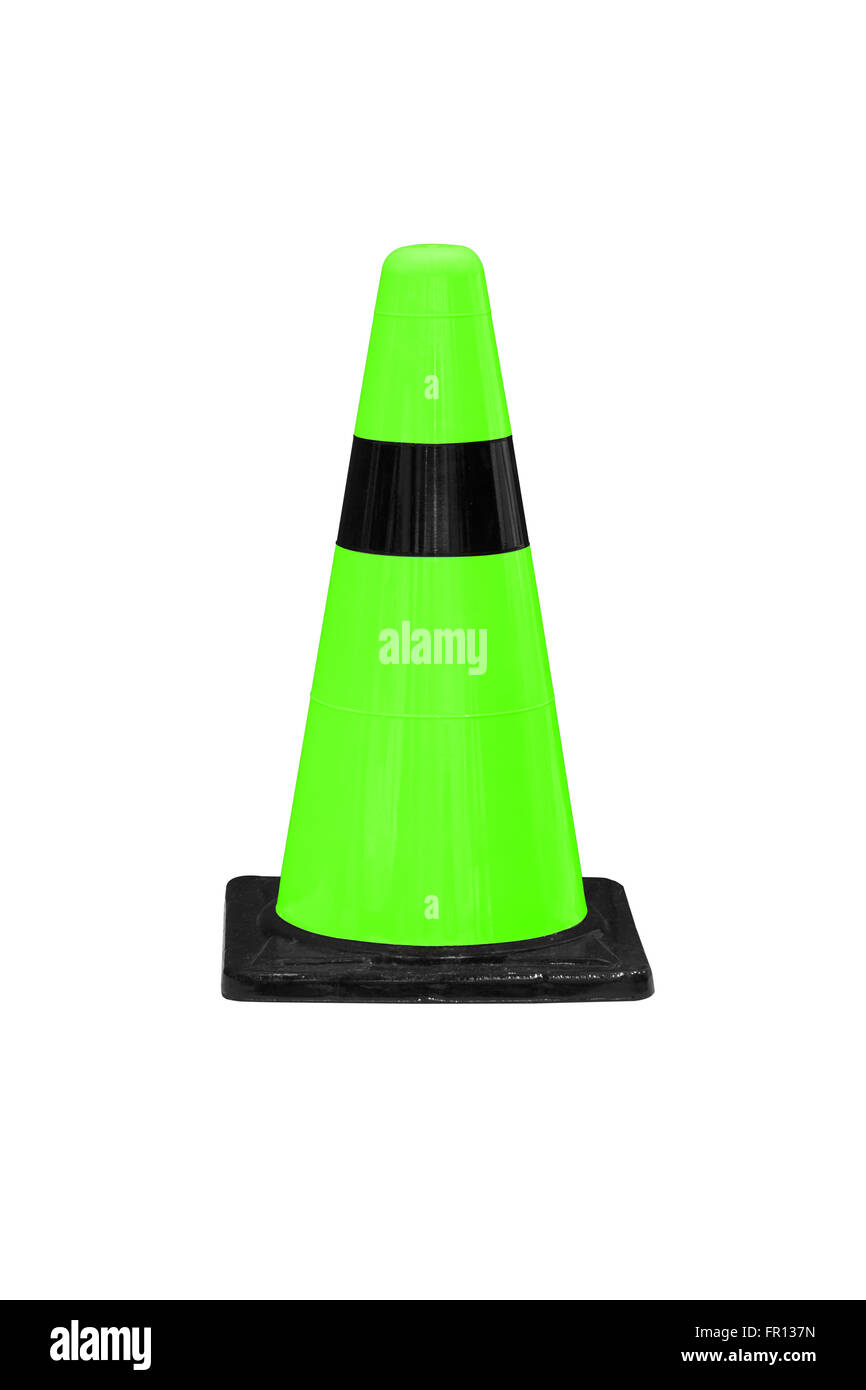 Green plastic barrier cone with black stripes isolated on white, work ...