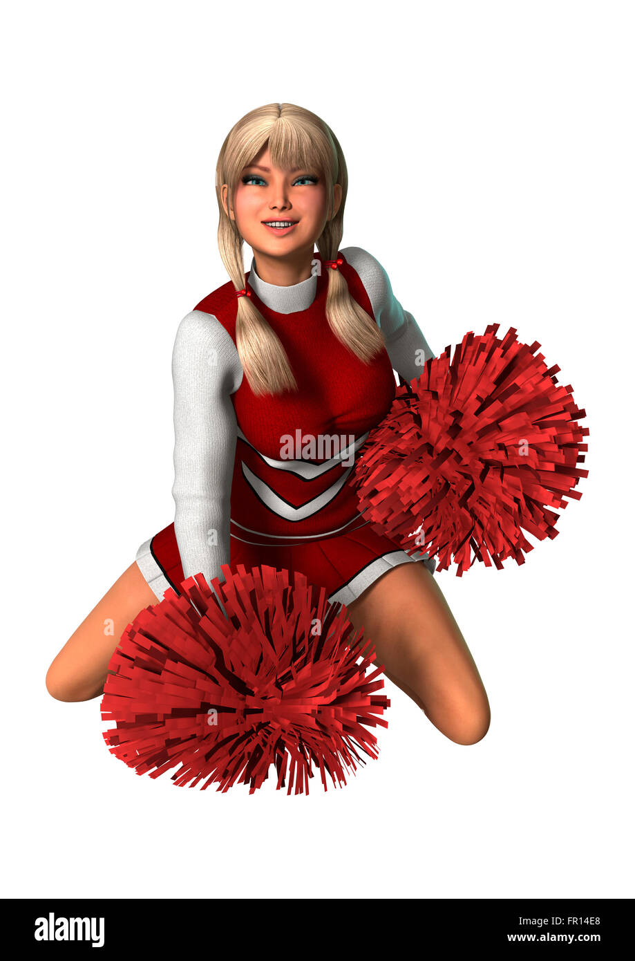 Digital render of a young cheerleader with pompoms isolated on white ...