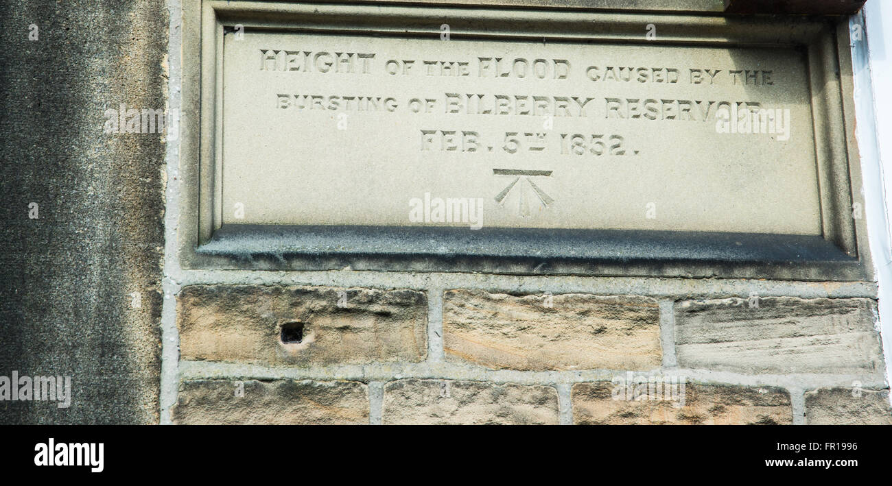 Sign showing the depth of the flood at Holmfirth when the dam burst its ...