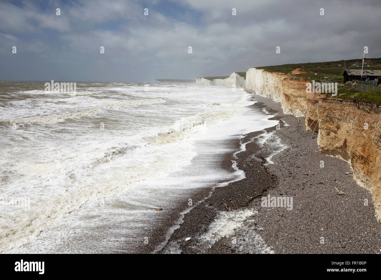 Birling Gap chalk cliffs on a stormy day towards Seven Sisters on the ...