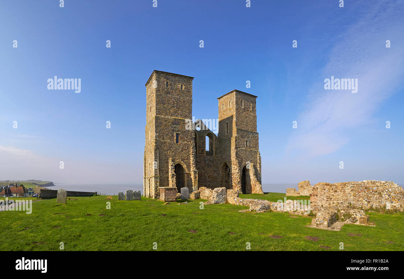 Reculver towers of St Mary's church next to the Roman fort on the North ...
