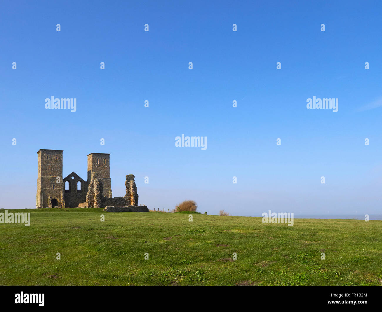 Reculver towers of St Mary's church next to the Roman fort on the North ...