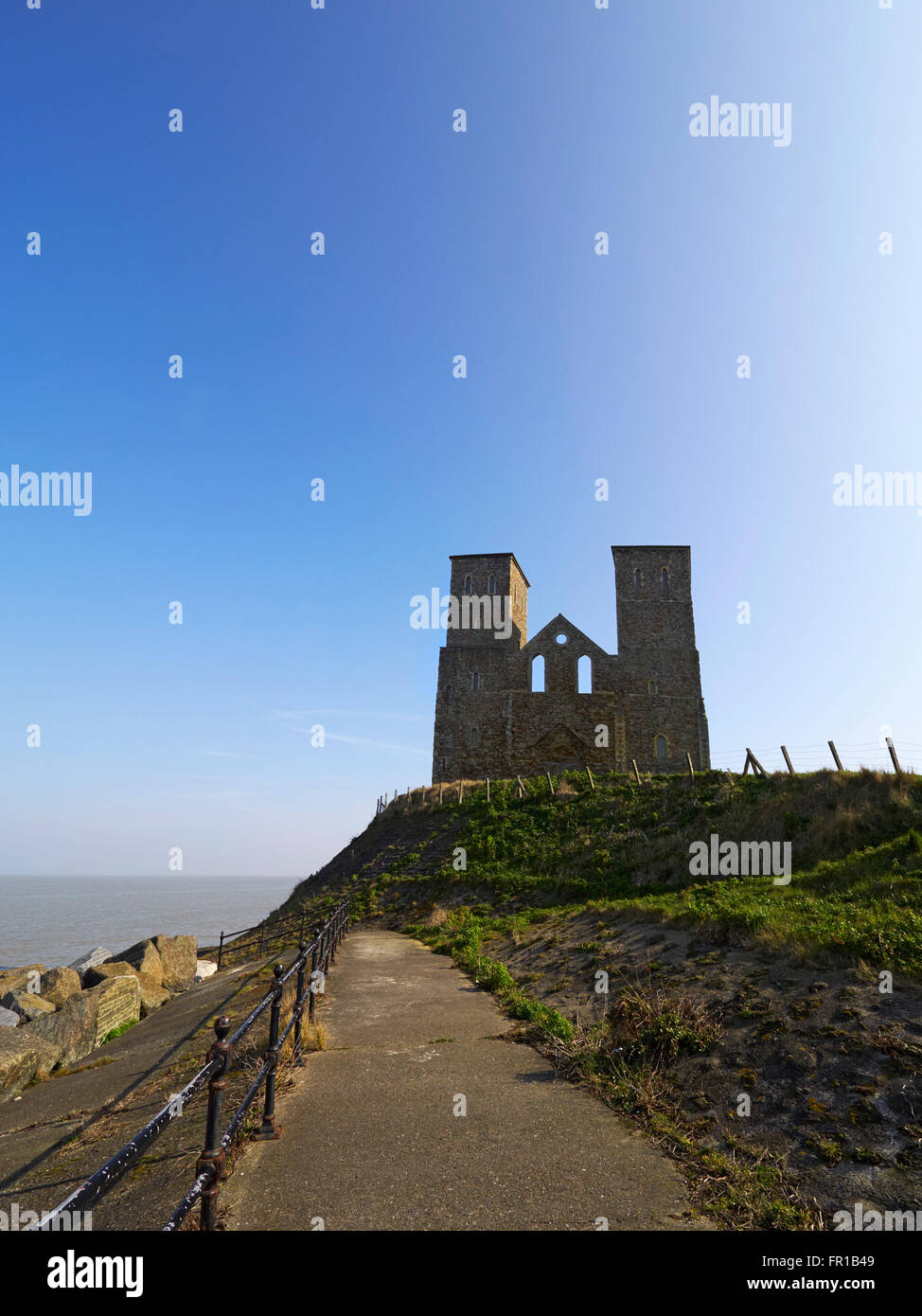 Reculver towers of St Mary's church next to the Roman fort on the North ...