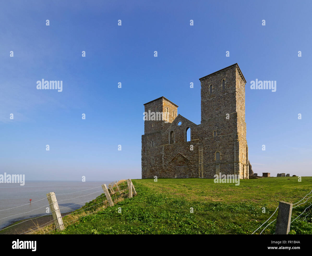 Reculver towers of St Mary's church next to the Roman fort on the North ...
