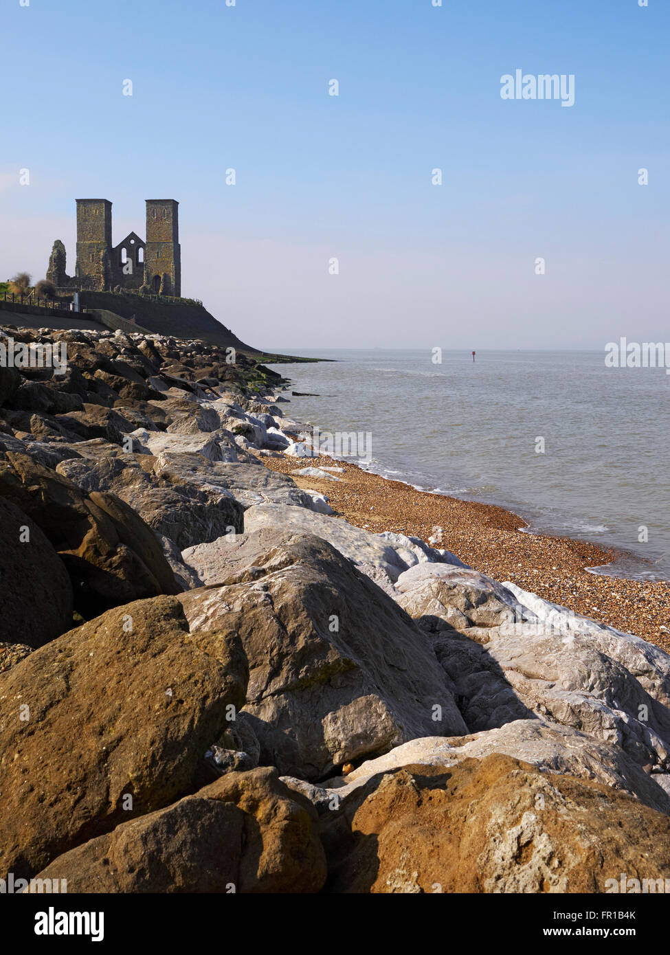Reculver towers of St Mary's church next to the Roman fort on the North ...