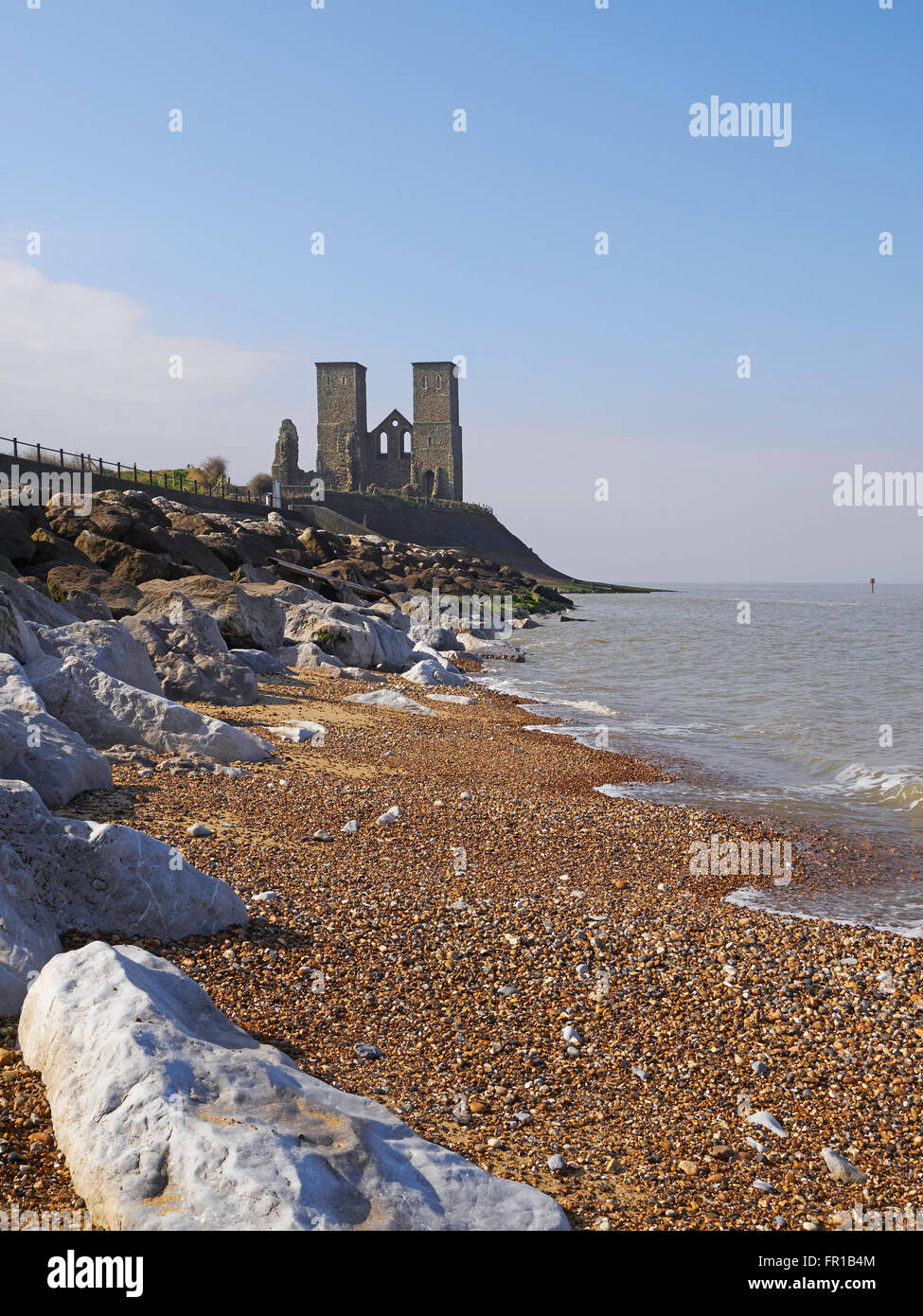 Reculver towers of St Mary's church next to the Roman fort on the North ...