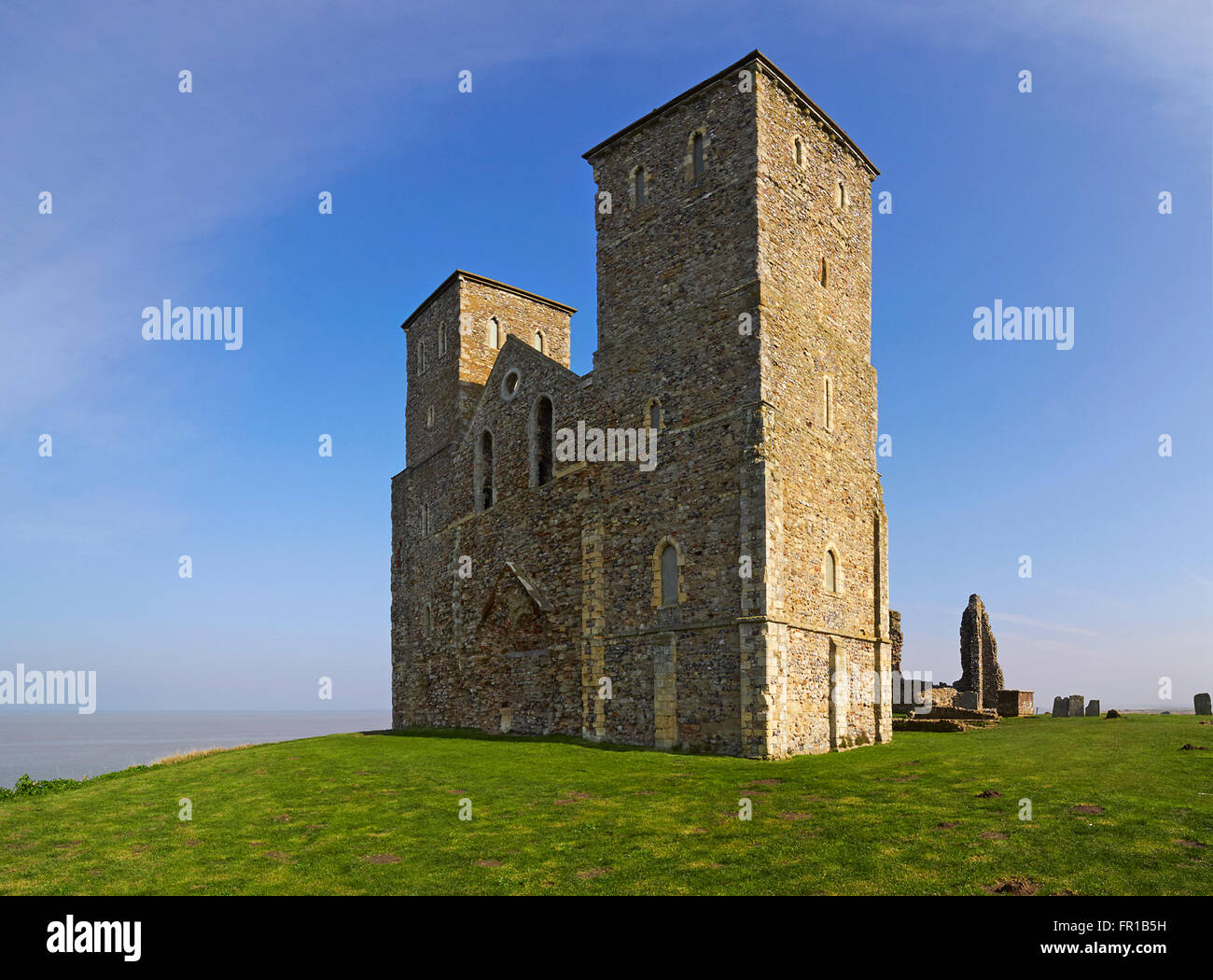 Reculver towers of St Mary's church next to the Roman fort on the North ...