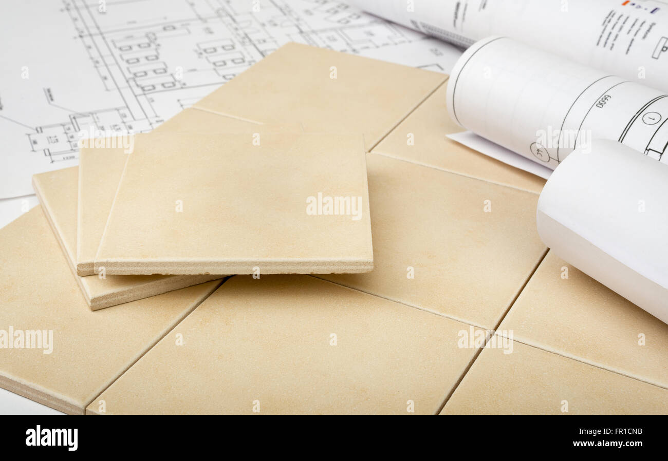 Set of tiles with blueprints Stock Photo - Alamy