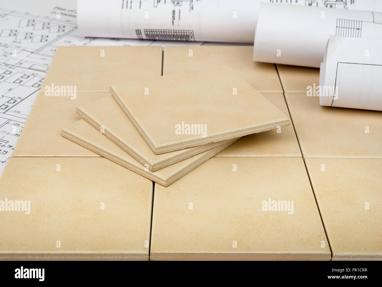 Set of tiles with blueprints Stock Photo - Alamy