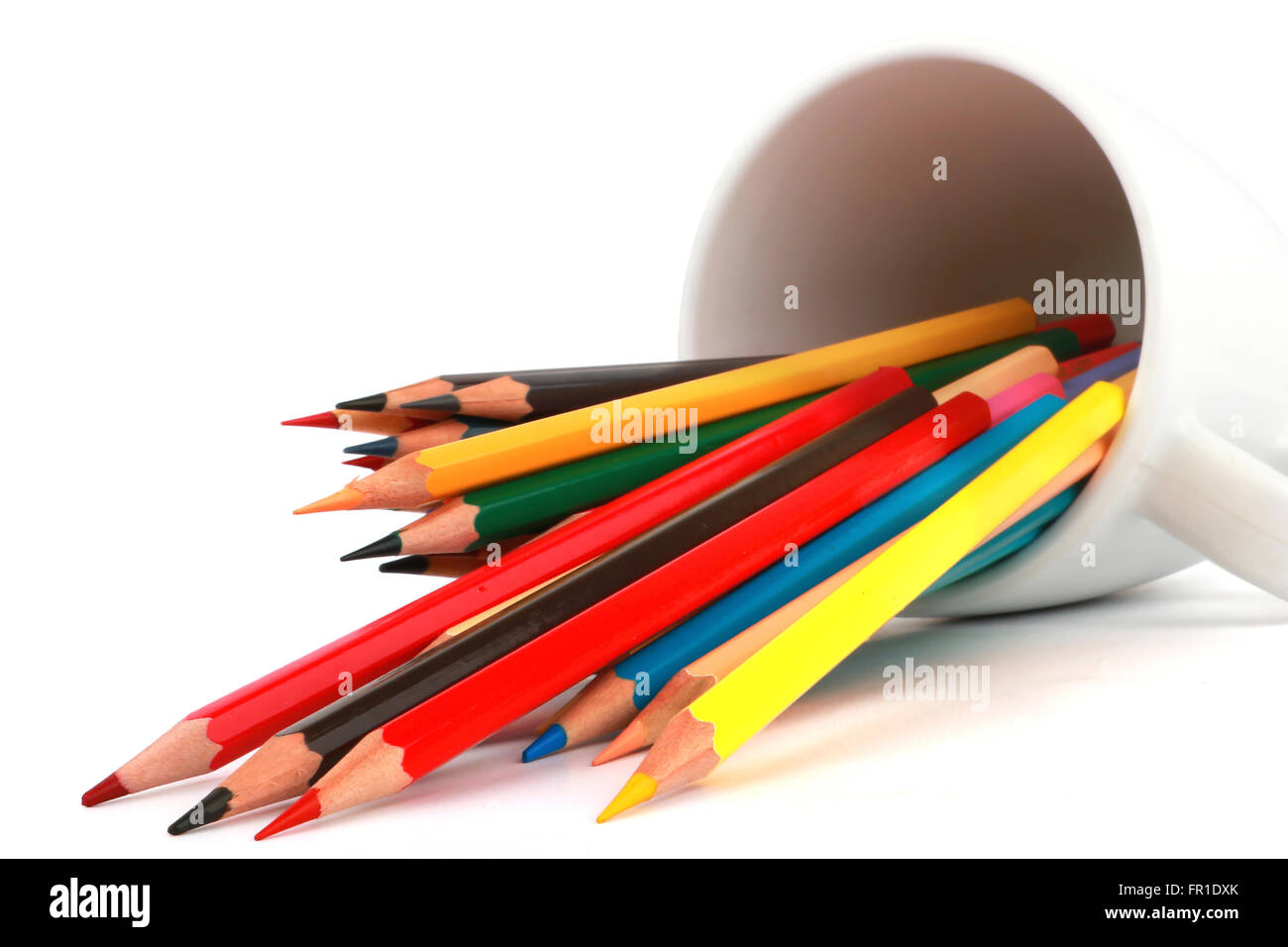 Colorful color pencil arranged in diagonal line on white background ...