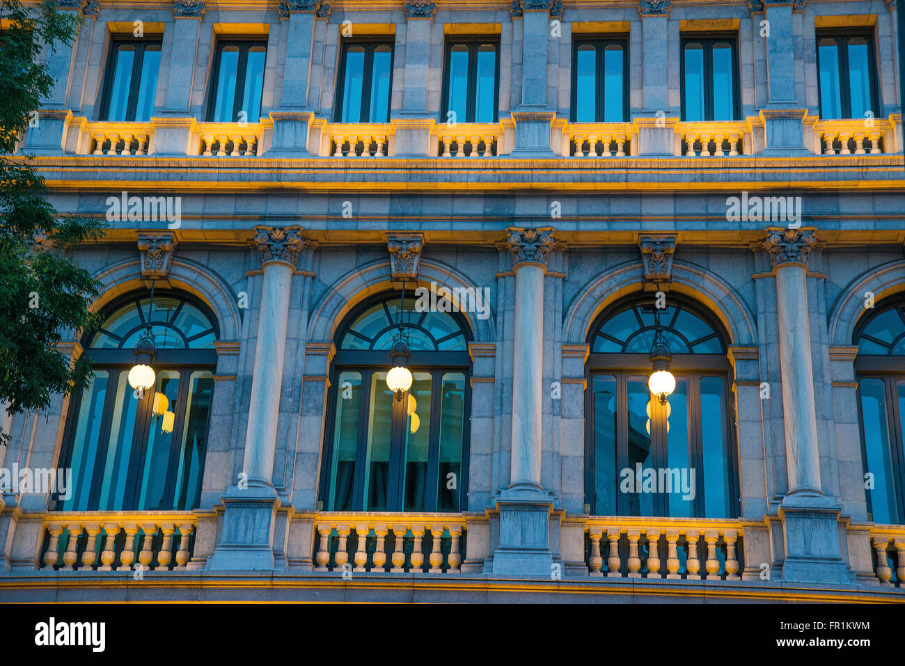 Facade of Banco de España building, night view. Madrid, Spain Stock ...