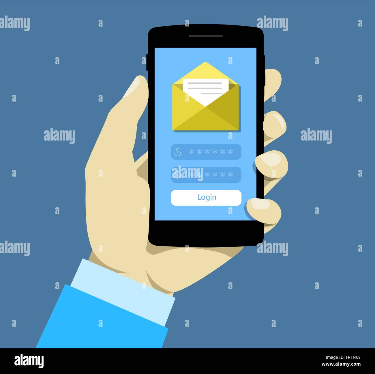 Login page on smartphone screen. Hand hold smartphone. Mobile account ...
