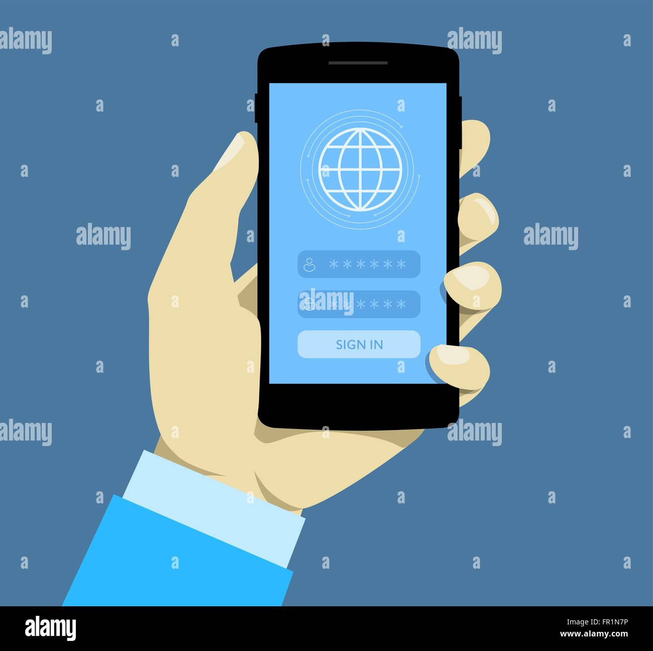 Sign in page on smartphone screen. Hand hold smartphone. Mobile account ...