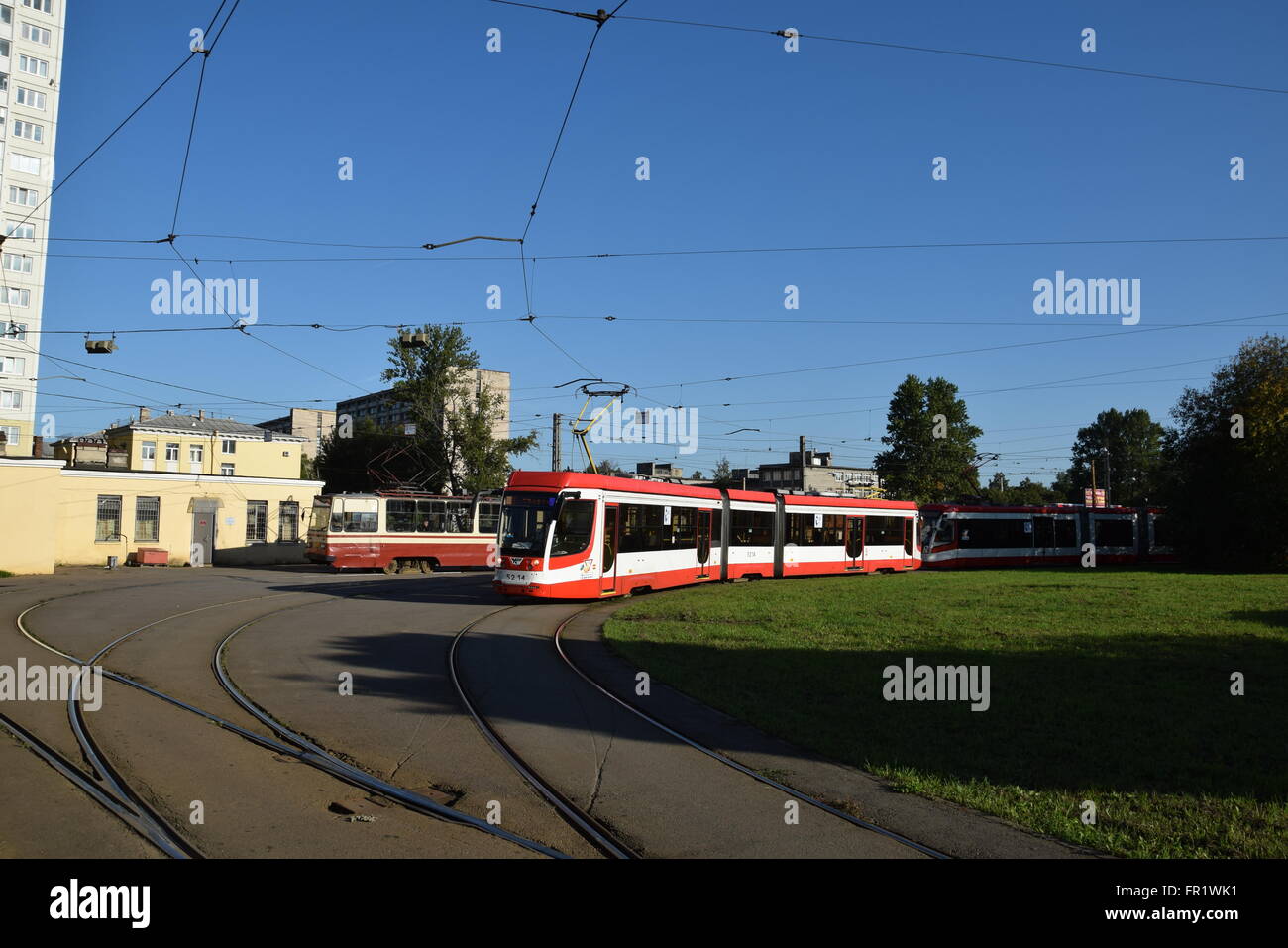 Various types of tramway rolling stock awaiting departure at Oboronnaya ...