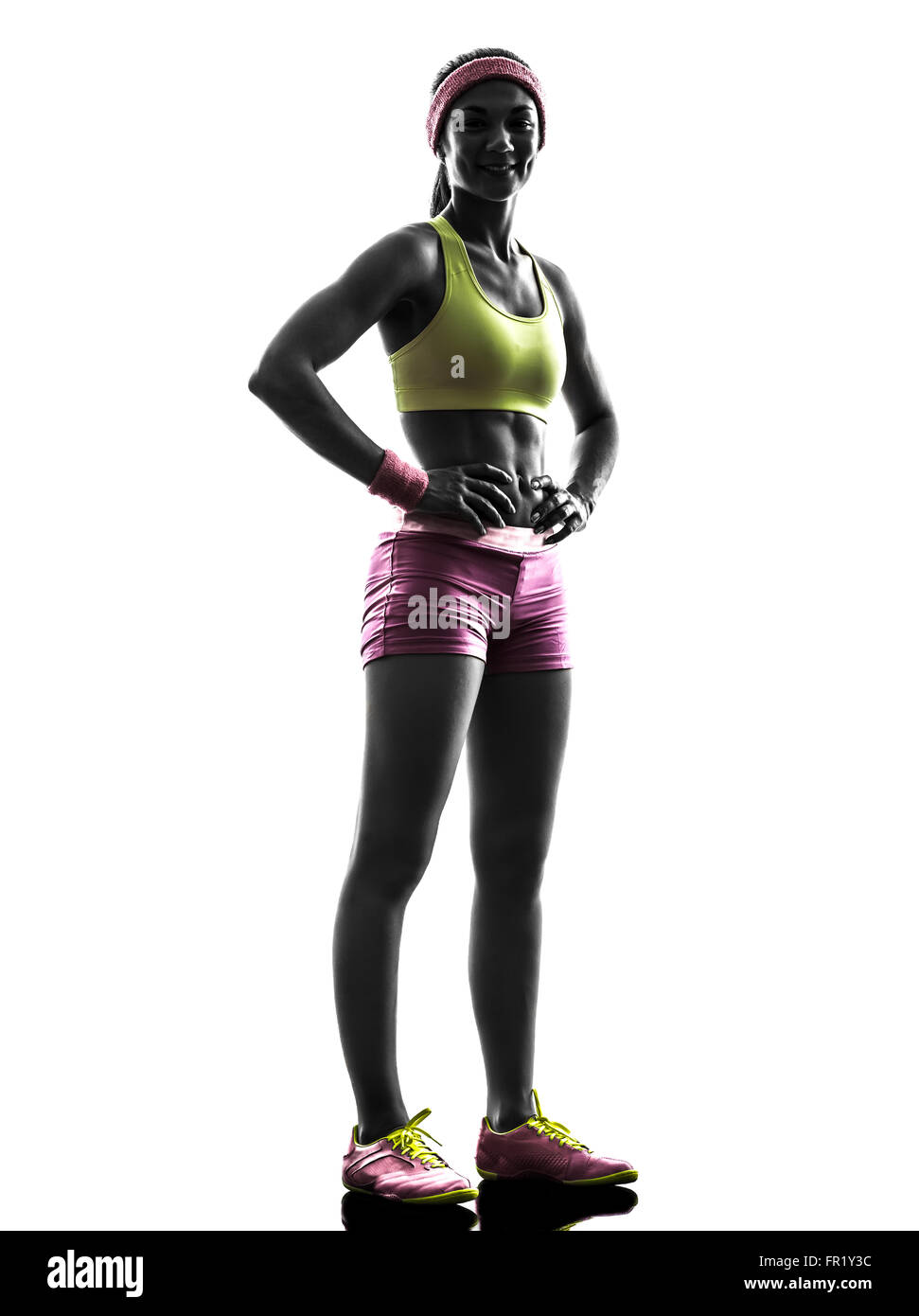 one woman runner exercising posing in silhouette on white background ...