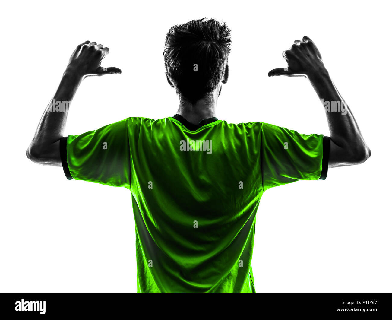 one soccer football player young man rear view portrait pointing in ...