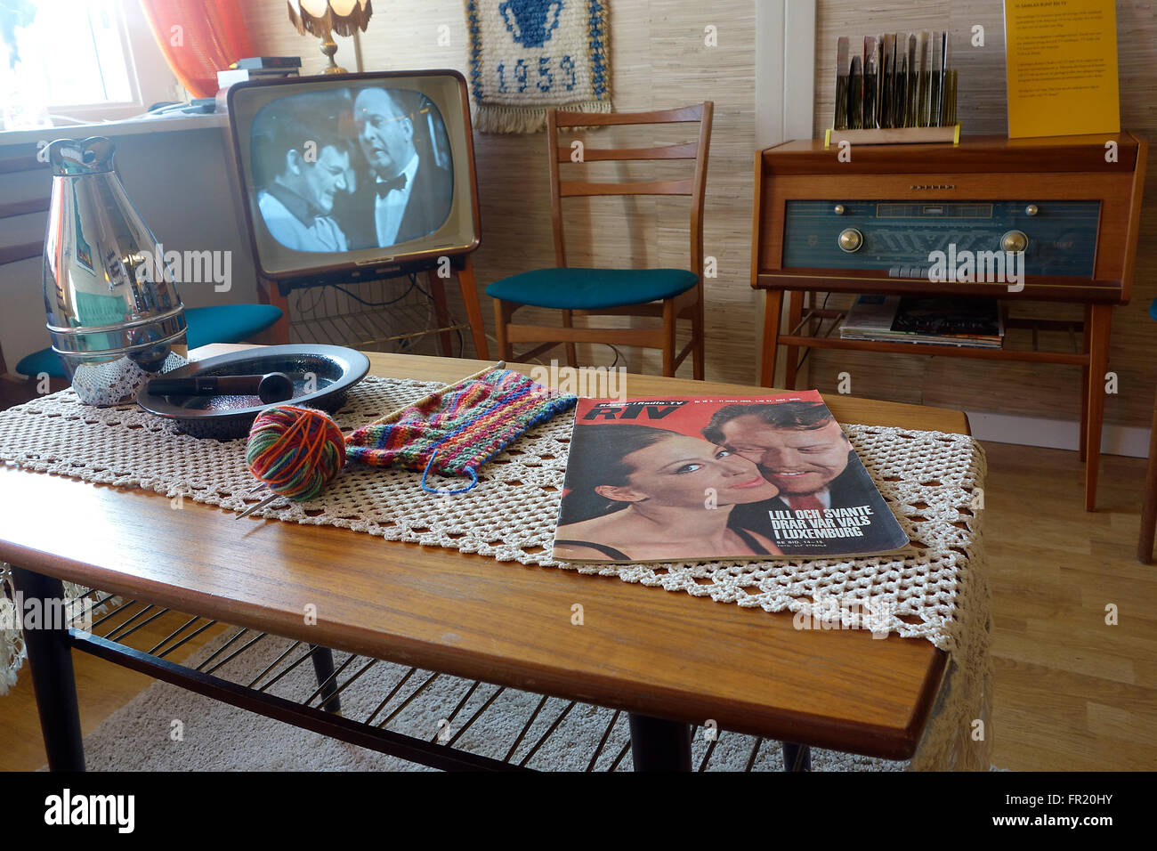 Mid 60es Swedish middle class sitting room with B&W TV and radio ...
