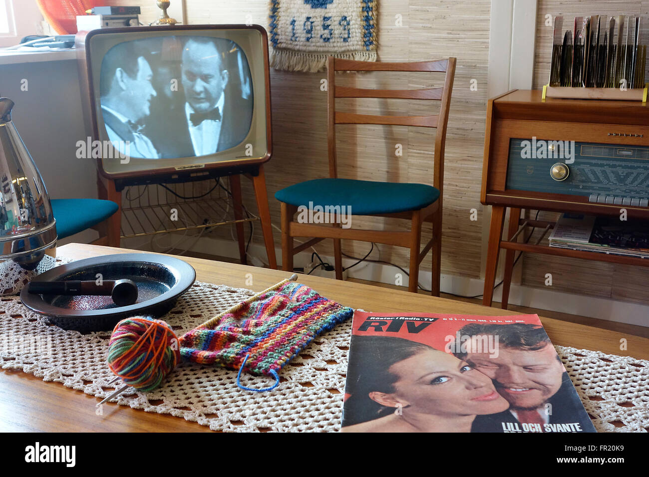 Mid 60es Swedish middle class sitting room with B&W TV and radio ...