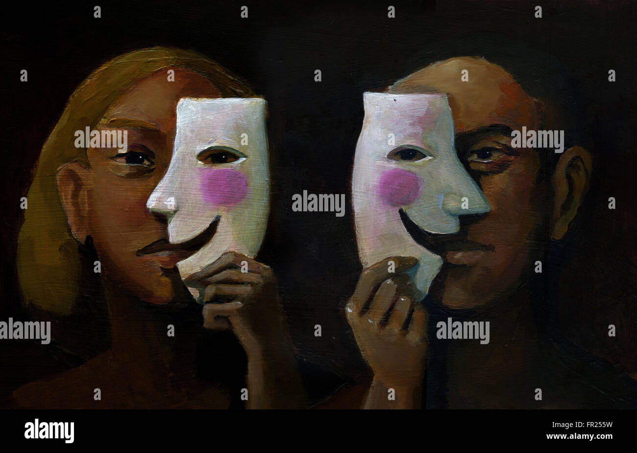 A man and a woman in the foreground hide their feelings behind a ...