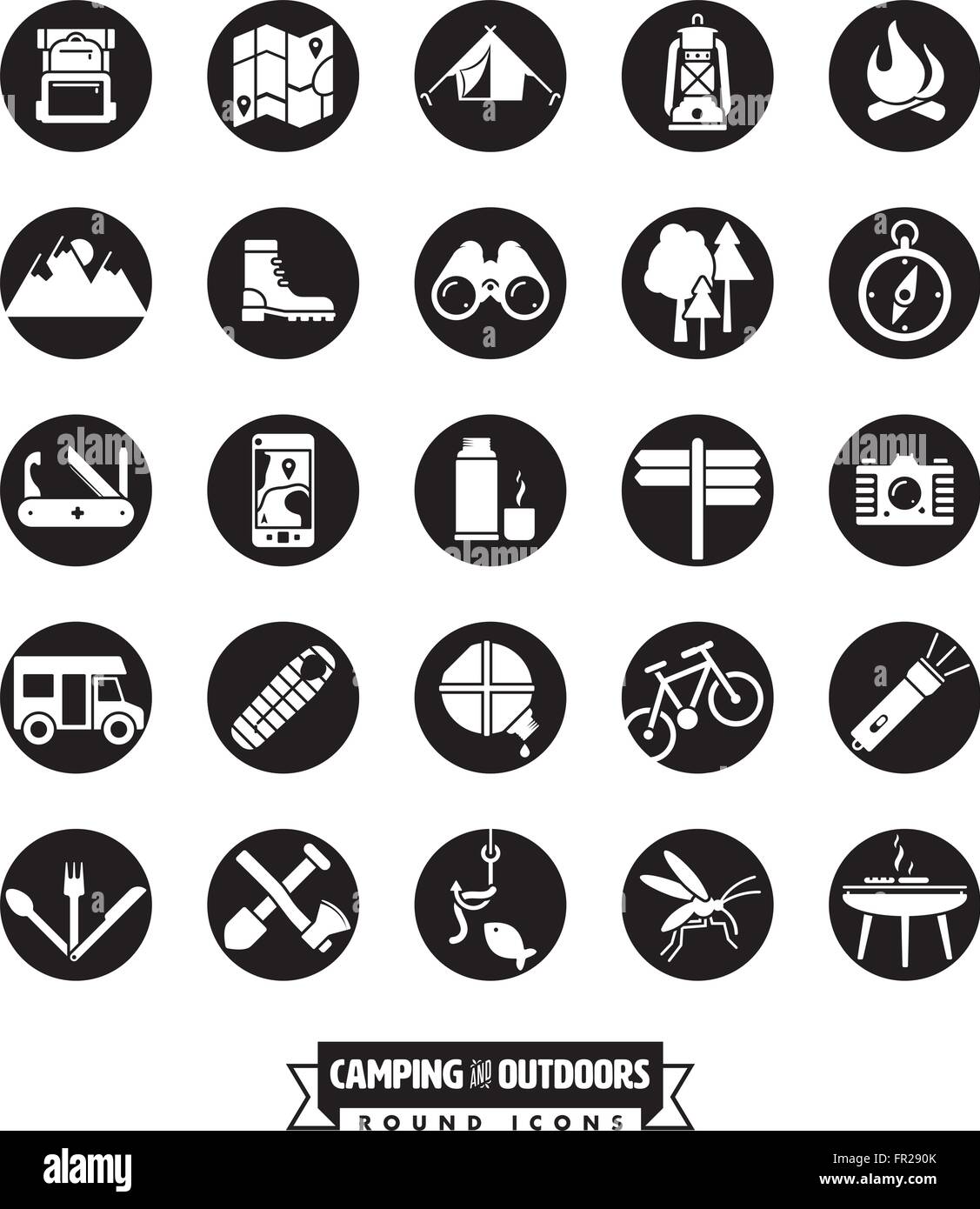 camping, hiking and outdoor pursuit vector round icon collection Stock ...