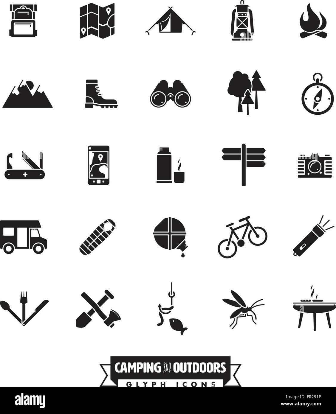 camping, hiking and outdoor pursuit vector glyph icon collection Stock ...