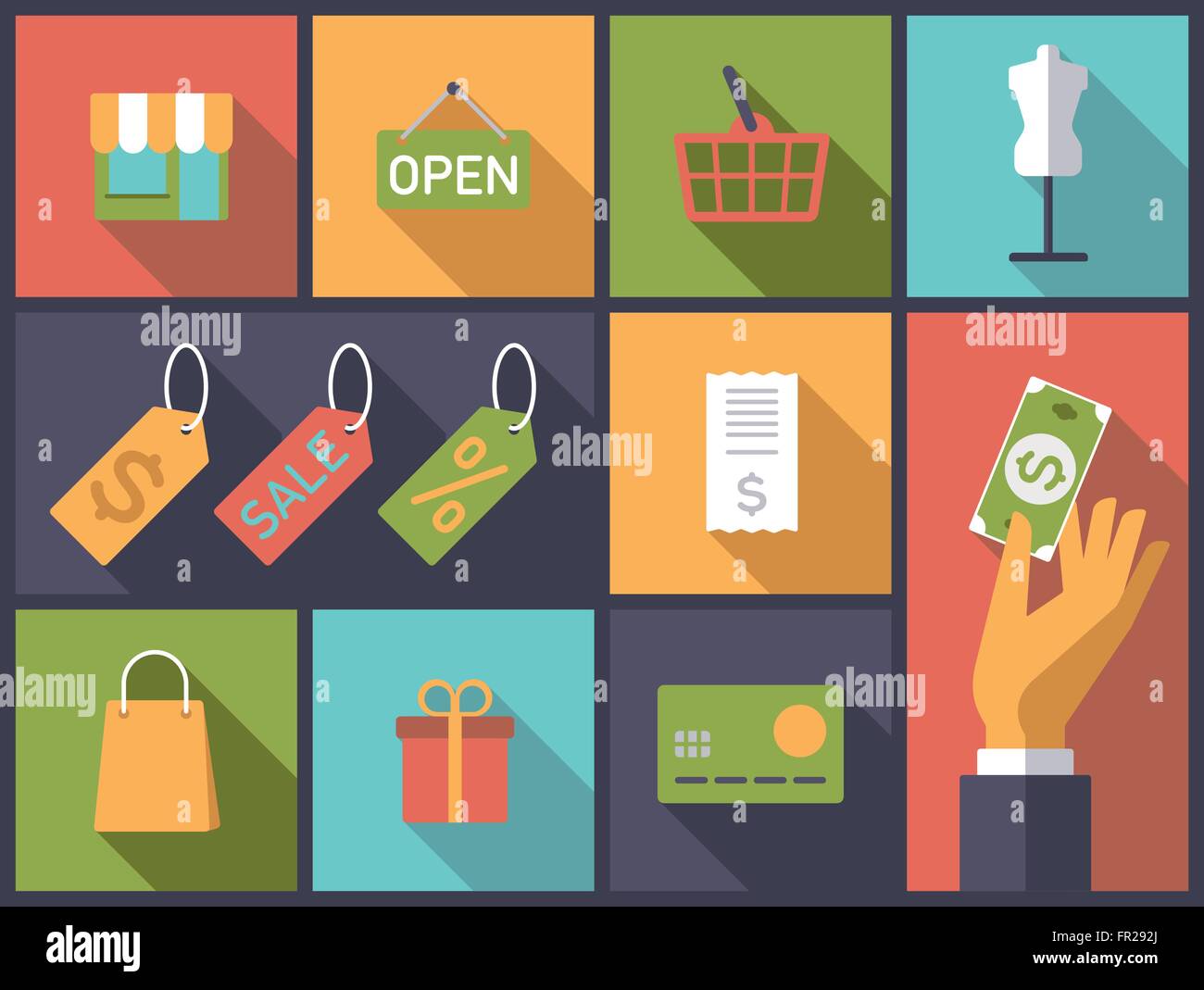 Horizontal flat design illustration with shopping and retail symbols ...