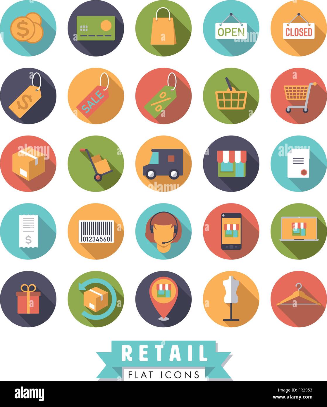 Collection of flat design shopping and retail vector icons in circles ...