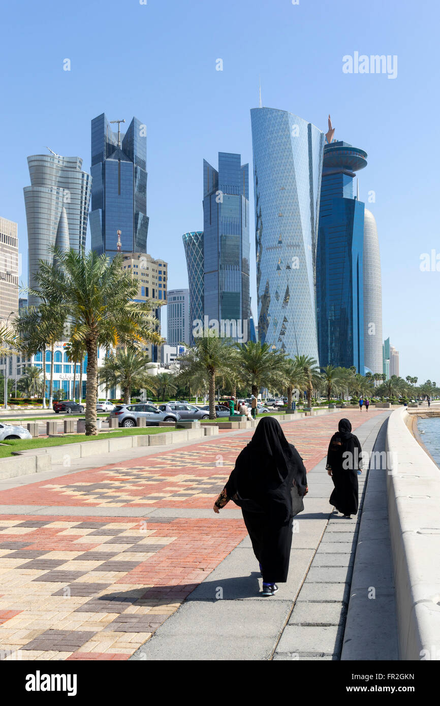 View along waterfront of Corniche towards modern office towers in West ...